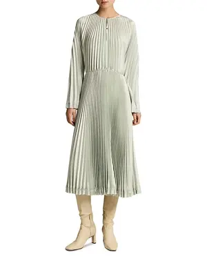 Vince Pleated Long Sleeve Contrast Hem Dress - Aloe