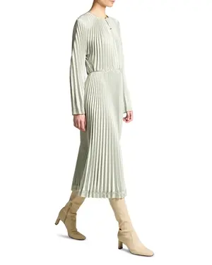 Vince Pleated Long Sleeve Contrast Hem Dress - Aloe