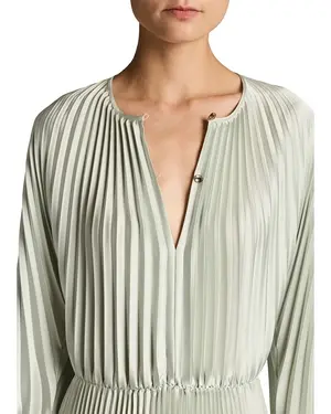 Vince Pleated Long Sleeve Contrast Hem Dress - Aloe