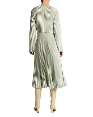 Vince Pleated Long Sleeve Contrast Hem Dress - Aloe