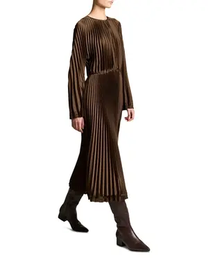 Vince Pleated Long Sleeve Contrast Hem Dress
