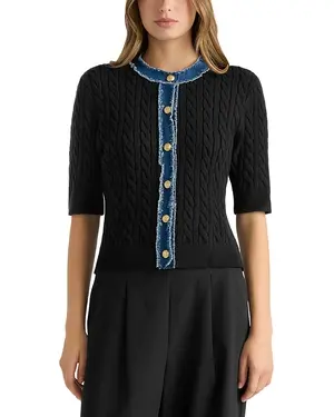 NVLT Denim Trim Cable Knit Short Sleeve Sweater - Black