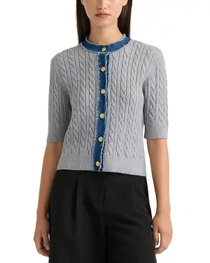 NVLT Denim Trim Cable Knit Short Sleeve Sweater - Light Grey Mix