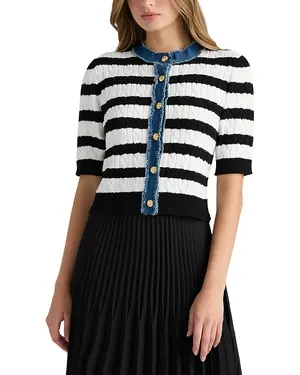 NVLT Denim Trim Cable Knit Short Sleeve Sweater - Marshmallow/ Black