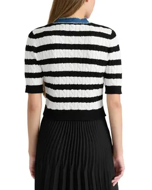 NVLT Denim Trim Cable Knit Short Sleeve Sweater - Marshmallow/ Black