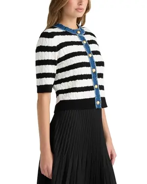 NVLT Denim Trim Cable Knit Short Sleeve Sweater - Marshmallow/ Black