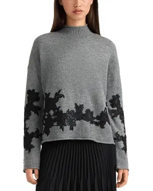 NVLT Mock Neck Floral Applique Sweater - Medium Grey Mix