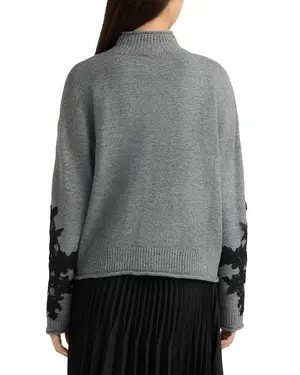 NVLT Mock Neck Floral Applique Sweater - Medium Grey Mix