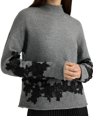 NVLT Mock Neck Floral Applique Sweater - Medium Grey Mix