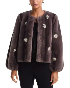 Cinq À Sept Rhinestone Dahlia Faux Fur Benson Coat - Dusted Oak