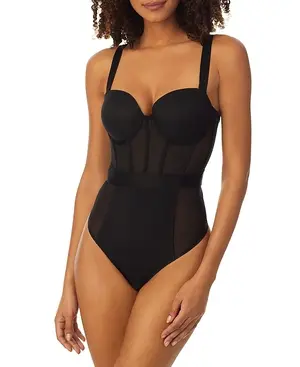 Dkny Sheers Cupped Strapless Mesh Panel Bodysuit - Black