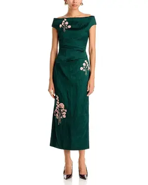 Erdem Embroidered Textured Satin Midi Pencil Dress