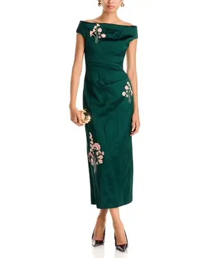 Erdem Embroidered Textured Satin Midi Pencil Dress