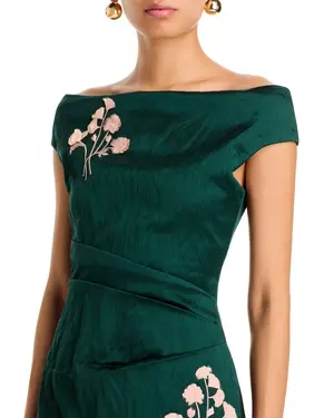 Erdem Embroidered Textured Satin Midi Pencil Dress