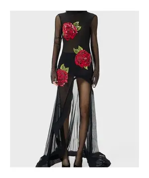 Blumarine Stretch Tulle Dress With Embroidery And Slit