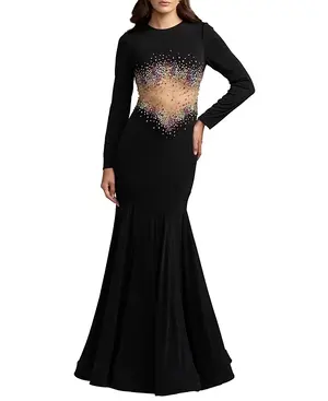 Mac Duggal Long Sleeve Jersey Mermaid Gown With Sheer Detail - Black