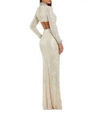 Mac Duggal Long Sleeve Sequin Gown With Cut Outs