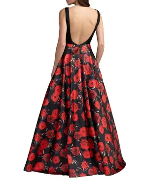 Mac Duggal Petite Floral Printed Mikado Open Back Sleeveless Gown