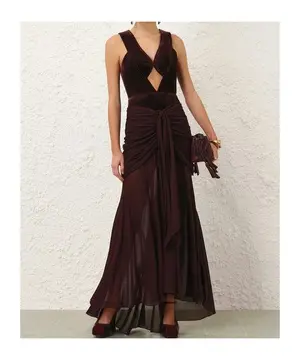 Zimmermann Velvet-panelled Ruched Maxi Dress