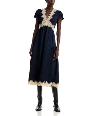 Sea Shay Lace Trim V Neck Midi Dress