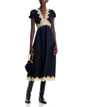 Sea Shay Lace Trim V Neck Midi Dress