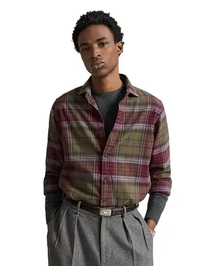 Polo Ralph Lauren Cotton Classic Fit Plaid Flannel Shirt - Olive Brown Multi