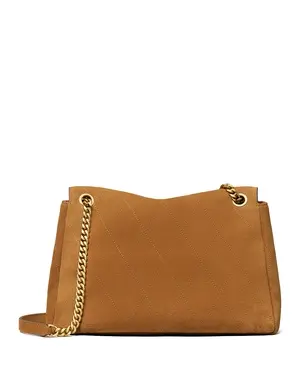 Tory Burch Charlie Quilted Suede Shoulder Bag - Caramel