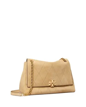 Tory Burch Charlie Quilted Suede Shoulder Bag - Stone