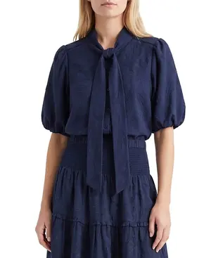 CARTOLINA Peggy Jacquard Neck Tie Top - Midnight Blue