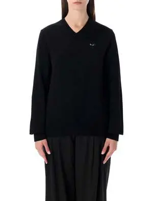 Play Comme Des Garcon Wool V-neck Sweater With Heart Logo