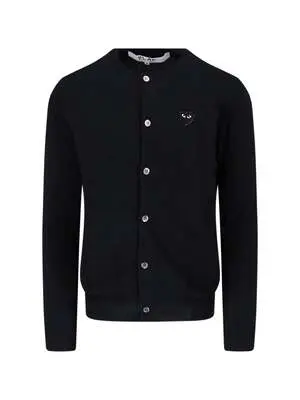 Play Comme Des Garcon Wool Cardigan Sweater With Heart Logo - Black