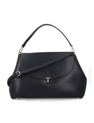TOTEME Italian Leather Slouched Satchel With T-lock Twist Closure, Detachable Handle & Shoulder Strap - Nero
