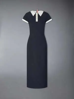Thom Browne Couture Intarsia Sleeve Polo In 100% Virgin Wool - Navy