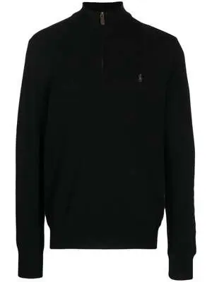 Polo Ralph Lauren Rib-knit Wool Mockneck Quarter-zip Sweater With Embroidered Pony - Nero