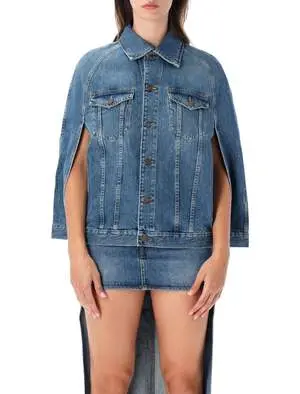 7 For All Mankind Denim Cape Jacket With Button Front And Chest Pockets - Blu