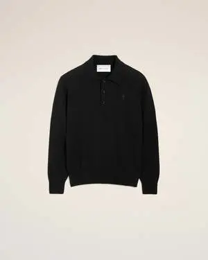 AMI Paris Polo Sweater With Contrasted De Coeur Detail - Black