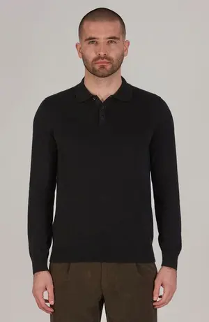 PAUL JAMES Cotton Long Sleeve Knitted Polo Shirt - Black