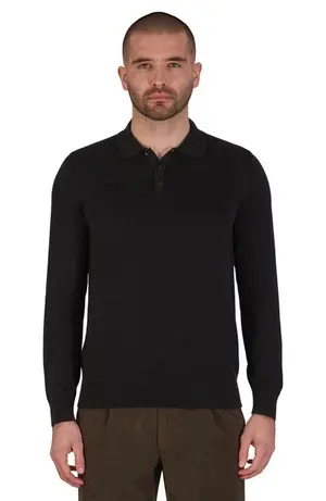 PAUL JAMES Cotton Long Sleeve Knitted Polo Shirt - Black