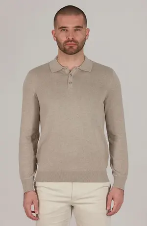PAUL JAMES Cotton Long Sleeve Knitted Polo Shirt - Fawn