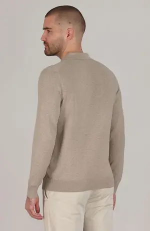 PAUL JAMES Cotton Long Sleeve Knitted Polo Shirt - Fawn