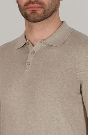 PAUL JAMES Cotton Long Sleeve Knitted Polo Shirt - Fawn