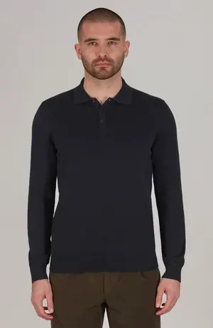 PAUL JAMES Cotton Long Sleeve Knitted Polo Shirt - Navy