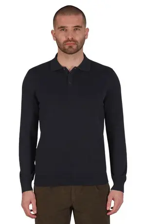 PAUL JAMES Cotton Long Sleeve Knitted Polo Shirt - Navy