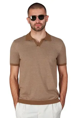 PAUL JAMES Cotton Fishermans Buttonless Polo Shirt - Camel