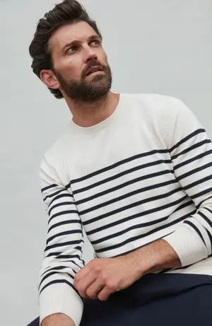 PAUL JAMES 100% Cotton Striped Breton Sweater Ecru