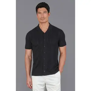 PAUL JAMES Cotton Open Knit Cuban Collar Shirt - Black