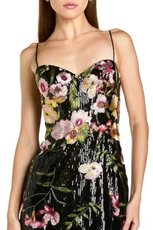 Mac Duggal Petite Sleeveless Bustier Floral Applique Gown - Black Multi