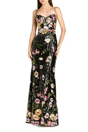 Mac Duggal Petite Floral Sequin Embroidered Column Gown - Black Multi