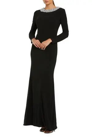 Mac Duggal Petite Beaded Jewel Neck Long Sleeve Gown