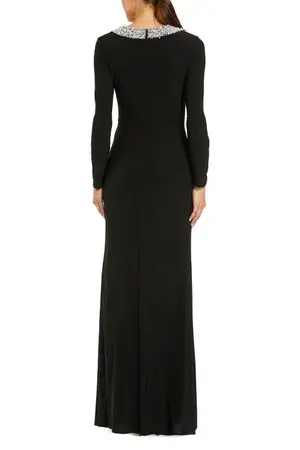 Mac Duggal Petite Beaded Jewel Neck Long Sleeve Gown